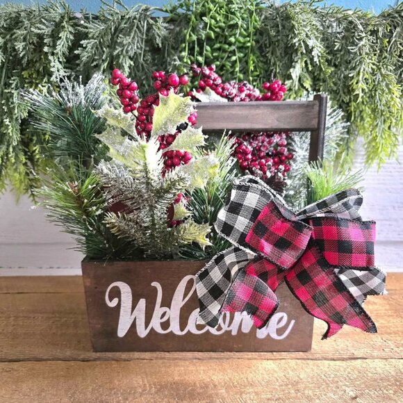 Accents | Wooden Welcome Glitter Berry Flocked Greenery Pinecone ...